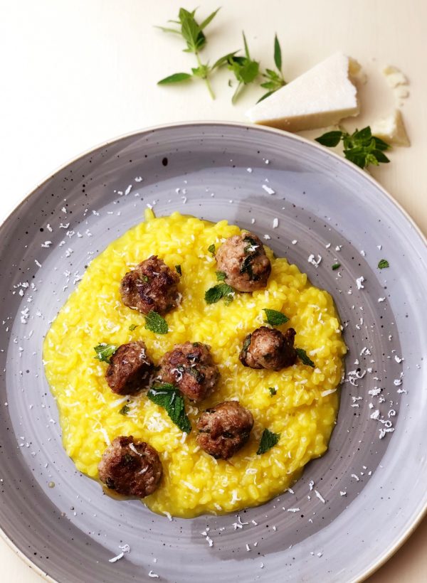 SAFFRON RISOTTO WITH MINTED SMOKEY LAMB MEATBALLS AND PECORINO – Riso ...